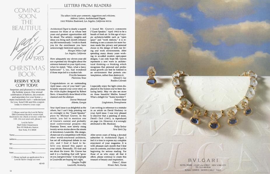 LETTERS FROM READERS | Architectural Digest | AUGUST 1983