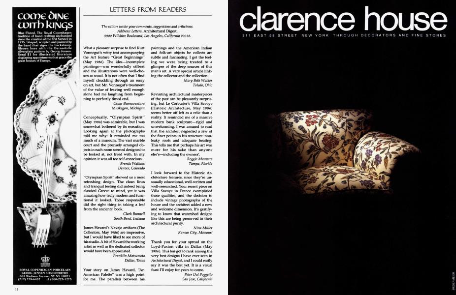 LETTERS FROM READERS | Architectural Digest | SEPTEMBER 1986