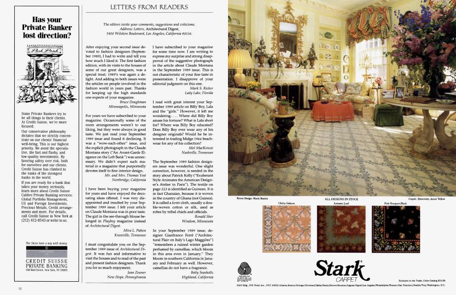 Letters From Readers | Architectural Digest | JANUARY 1990