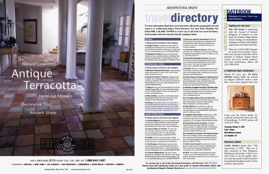 ARCHITECTURAL DIGEST DATEBOOK | Architectural Digest | OCTOBER 2001